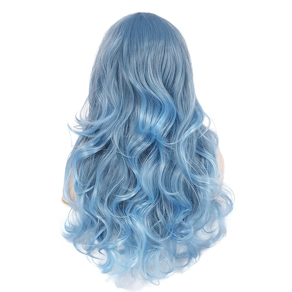 Beweig Blue Wig for Women Long Curly Wavy Pastel Blue Wig Side Part Synthetic Halloween Cosplay Wig with Wig Cap …