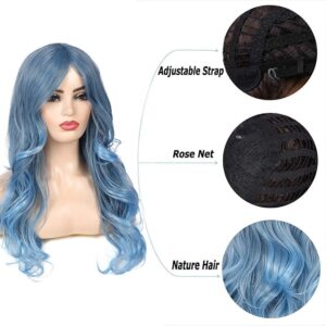 Beweig Blue Wig for Women Long Curly Wavy Pastel Blue Wig Side Part Synthetic Halloween Cosplay Wig with Wig Cap …