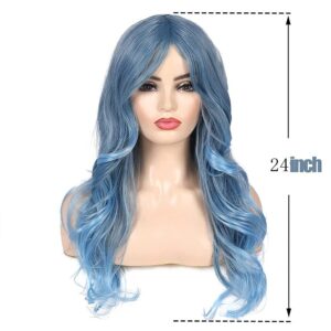 Beweig Blue Wig for Women Long Curly Wavy Pastel Blue Wig Side Part Synthetic Halloween Cosplay Wig with Wig Cap …