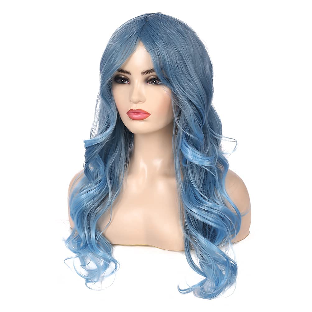 Beweig Blue Wig for Women Long Curly Wavy Pastel Blue Wig Side Part Synthetic Halloween Cosplay Wig with Wig Cap …