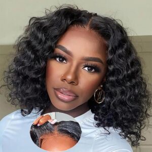 wear and go glueless wigs human hair pre plucked deep wave bob wig human hair lace front wigs for beginners upgraded no glue pre cut 4x4 lace closure glueless wigs for black women human hair 12 inch