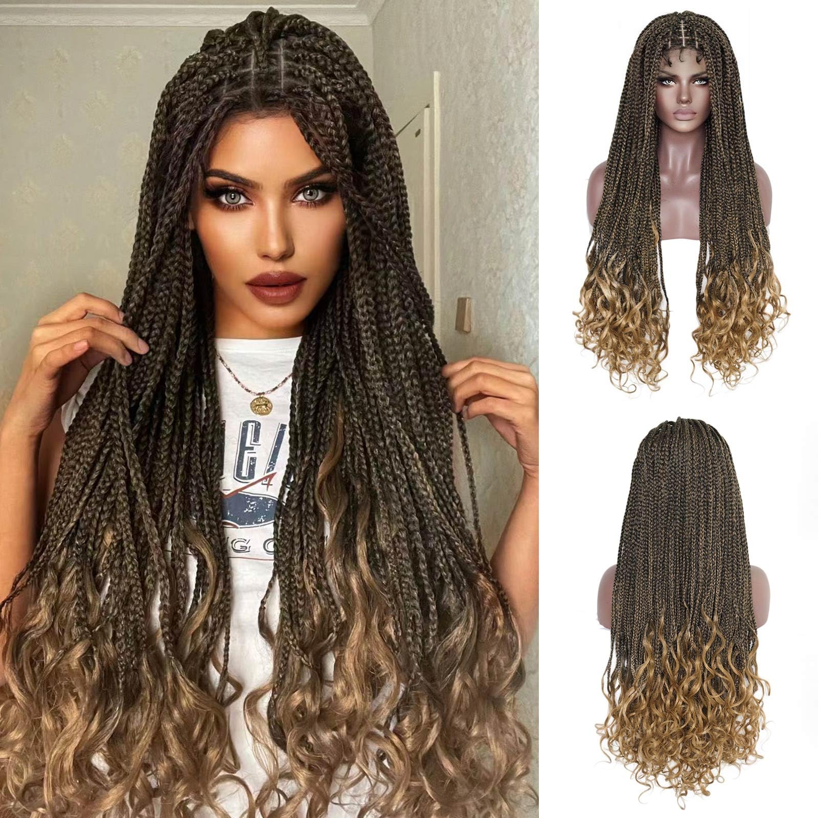 Ebingoo 34In Braided Lace Front Wig for Black Women +Wig Cap Double Lace Front Wig African American Knotless Box Braided Wig Lace Frontal Synthetic Lace Front Wigs for Black Women Dairly Wear