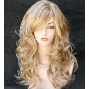 righton 21" stylish long curly wavy blonde hair wig with bangs party perruque halloween cosplay party costume wig(mixed blonde)