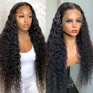 30 inch lace front wig human hair for black women 180% density hd transparent 13x4 deep wave lace front wigs human hair pre plucked wet and wavy brazilian curly glueless lace frontal wigs (30inch）