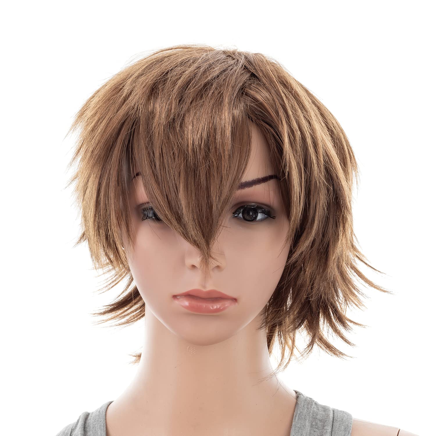 SWACC Unisex Fashion Spiky Layered Short Anime Cosplay Wig for Men and Women (Brown Mixed)