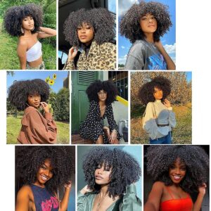 RunM Short Curly Afro Wig With Bangs for Black Women Kinky Curly Hair Wig Afro Synthetic Full Wigs（Black）