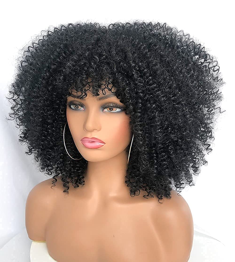 RunM Short Curly Afro Wig With Bangs for Black Women Kinky Curly Hair Wig Afro Synthetic Full Wigs（Black）