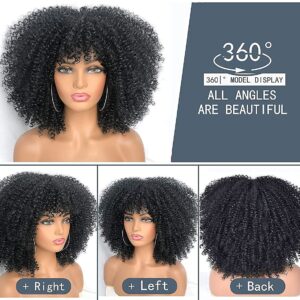 RunM Short Curly Afro Wig With Bangs for Black Women Kinky Curly Hair Wig Afro Synthetic Full Wigs（Black）