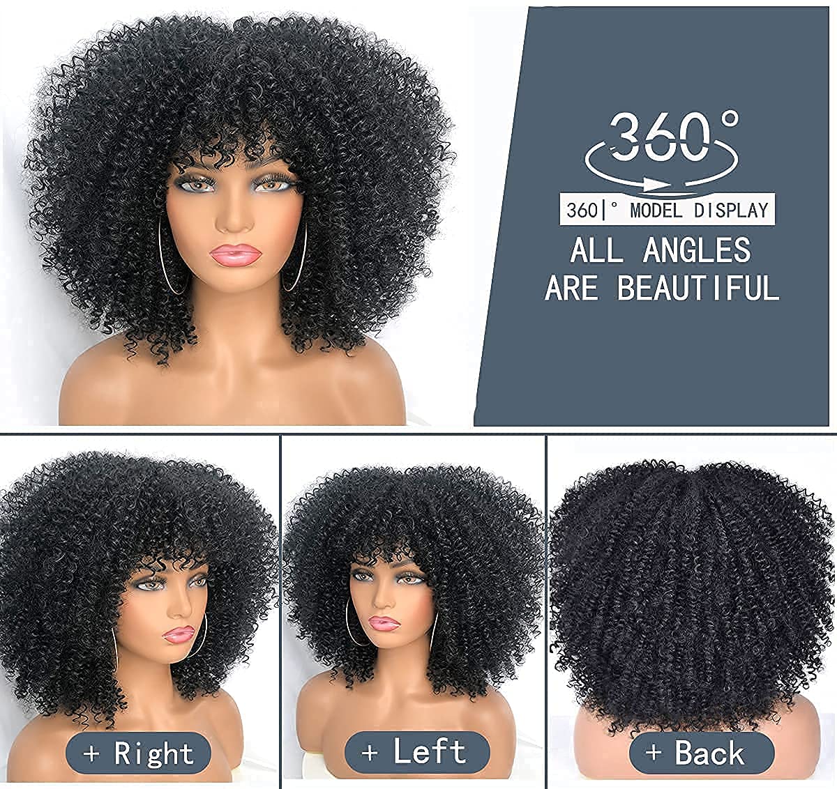 RunM Short Curly Afro Wig With Bangs for Black Women Kinky Curly Hair Wig Afro Synthetic Full Wigs（Black）