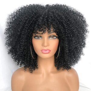 RunM Short Curly Afro Wig With Bangs for Black Women Kinky Curly Hair Wig Afro Synthetic Full Wigs（Black）