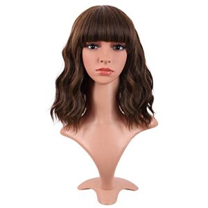 mapofbeauty 14 inch/35 cm short wavy curly women fresh bright synthetic ordinary flat bangs bob wig (brown)