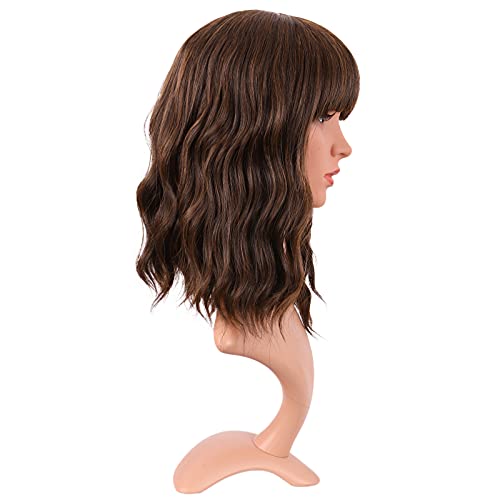 MapofBeauty 14 Inch/35 cm Short Wavy Curly Women Fresh Bright Synthetic Ordinary Flat Bangs Bob Wig (Brown)