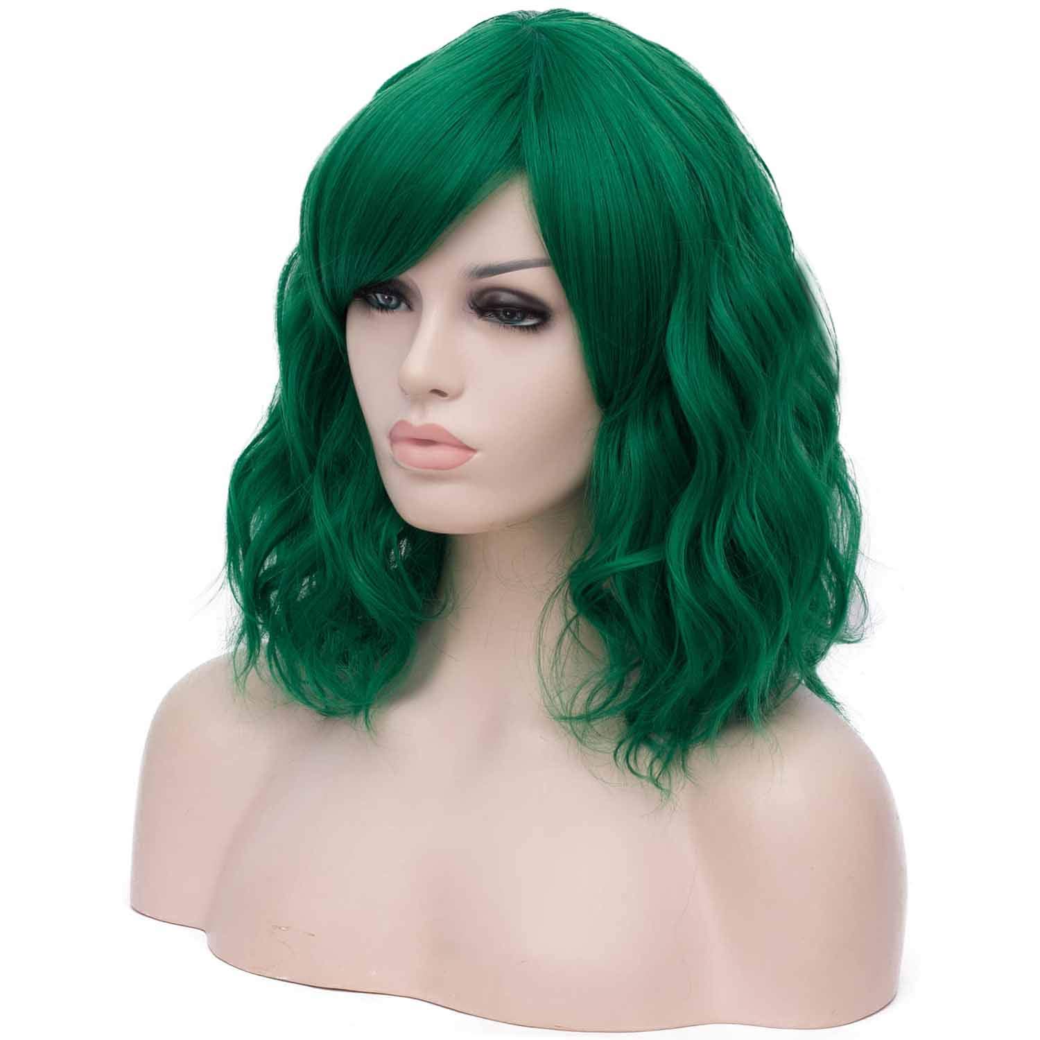 Mildiso Dark Green Wigs for Women Short Curly Wavy Bob Wig with Bangs Green Hair Wig with Wig Caps Cute Colorful Synthetic Wig for Daily Party M073