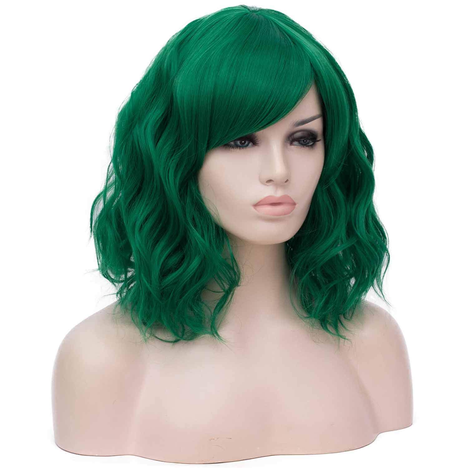 Mildiso Dark Green Wigs for Women Short Curly Wavy Bob Wig with Bangs Green Hair Wig with Wig Caps Cute Colorful Synthetic Wig for Daily Party M073