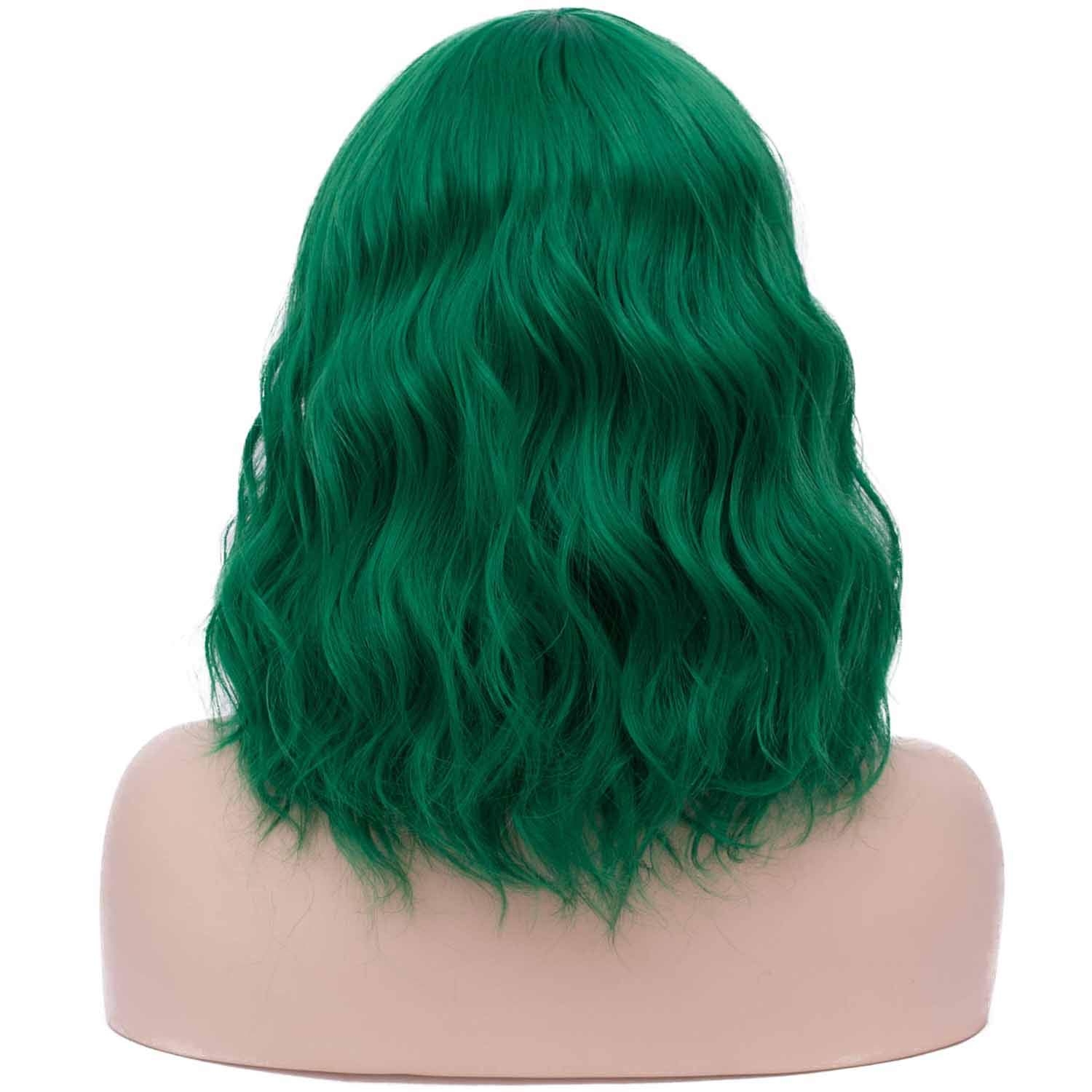 Mildiso Dark Green Wigs for Women Short Curly Wavy Bob Wig with Bangs Green Hair Wig with Wig Caps Cute Colorful Synthetic Wig for Daily Party M073