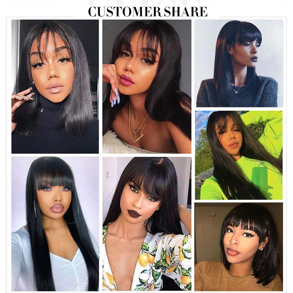 Lzlefho Silky Brazilian Virgin Straight Human Hair Wigs with Bangs 150% Density None Lace Front Wigs Glueless Machine Made Wigs for Women Natural Color (18inch)