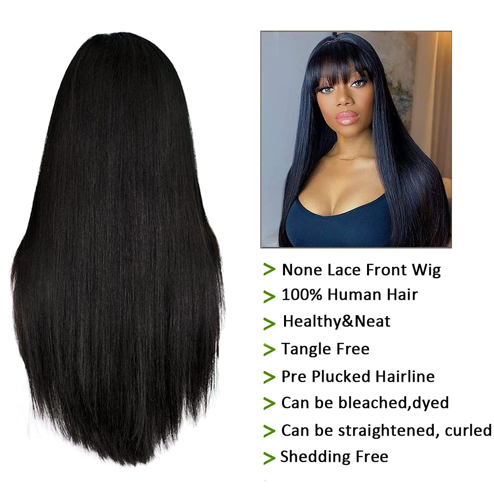 Lzlefho Silky Brazilian Virgin Straight Human Hair Wigs with Bangs 150% Density None Lace Front Wigs Glueless Machine Made Wigs for Women Natural Color (18inch)