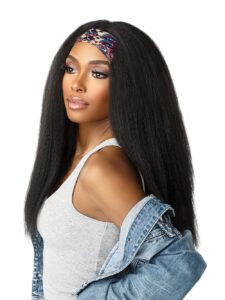 aminow kinky straight headband wig, soft & natural as human hair, glueless headband wigs for black women, long black italian yaki synthetic half wig (1b natural black, 20 inch)