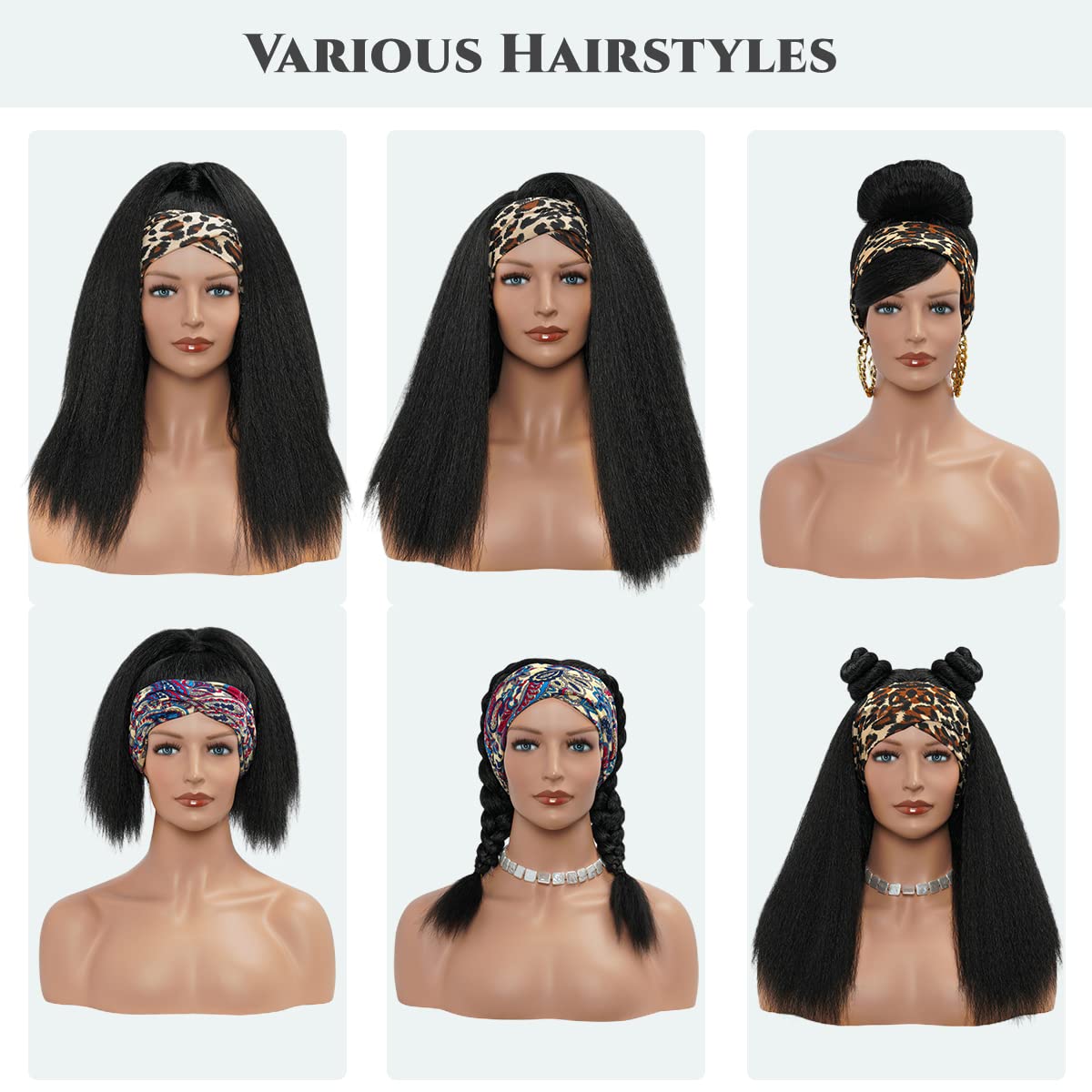 Aminow Kinky Straight Headband Wig, Soft & Natural as Human Hair, Glueless Headband Wigs for Black Women, Long Black Italian Yaki Synthetic Half Wig (1B Natural Black, 20 Inch)