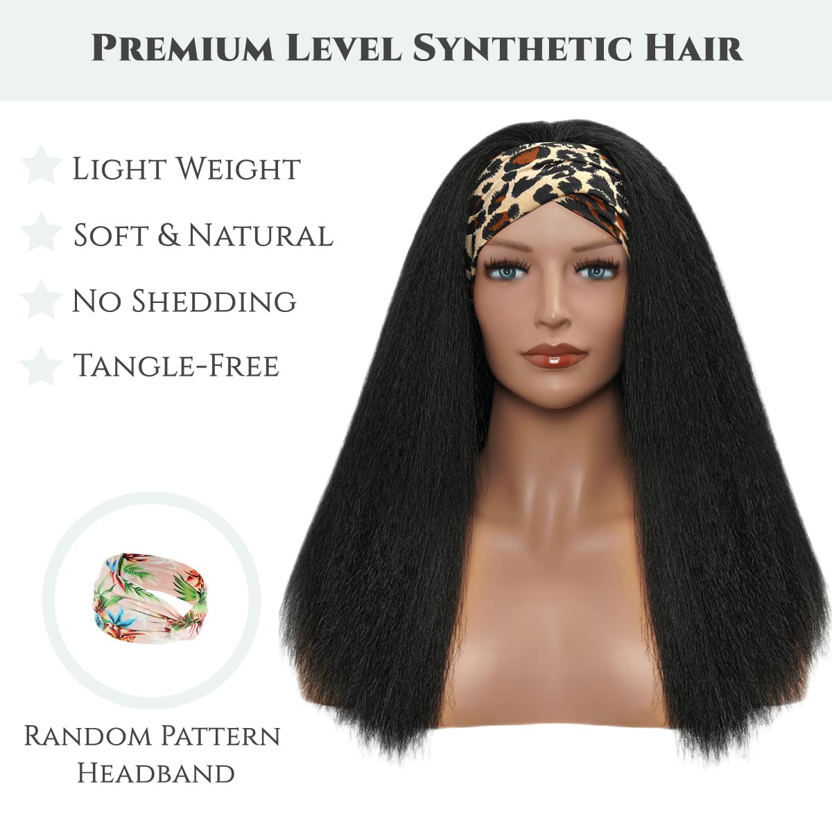 Aminow Kinky Straight Headband Wig, Soft & Natural as Human Hair, Glueless Headband Wigs for Black Women, Long Black Italian Yaki Synthetic Half Wig (1B Natural Black, 20 Inch)