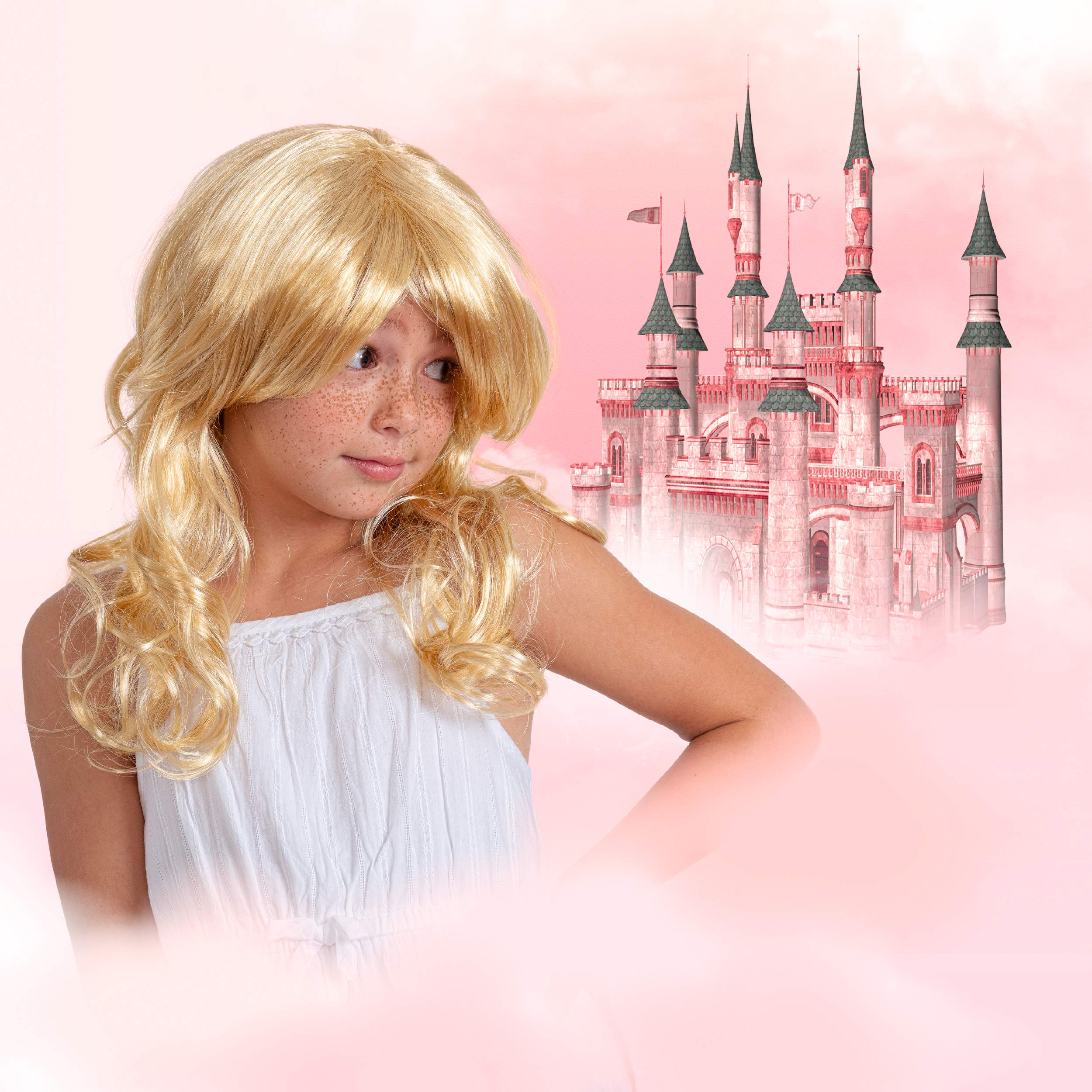 Skeleteen Curly Blond Wavy Wig - Long Curls Yellow Blonde Princess Goddess Wigs with Bangs for Kids and Adults