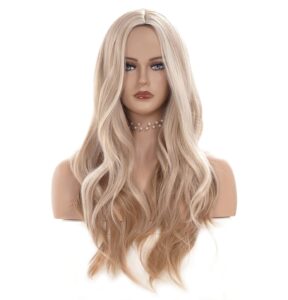 gerulyss 26 inches light wigs for women long wavy middle part wig natural looking synthetic fluffy hair for cosplay,halloween,daily use (blonde)