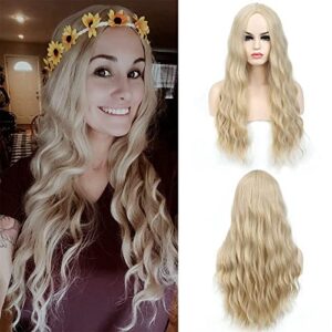 shinyshow 26 inches blond 613 long wavy wig middle part synthetic halloween party cosplay wig for women blonde wig