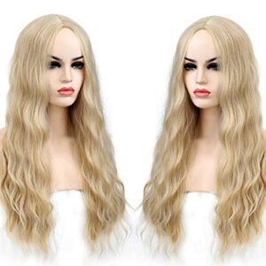 SHINYSHOW 26 inches Blond 613 long Wavy Wig Middle Part Synthetic Halloween Party Cosplay Wig for Women Blonde Wig