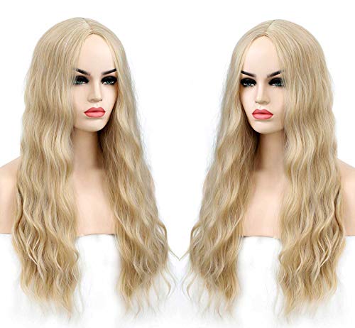 SHINYSHOW 26 inches Blond 613 long Wavy Wig Middle Part Synthetic Halloween Party Cosplay Wig for Women Blonde Wig