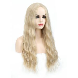 SHINYSHOW 26 inches Blond 613 long Wavy Wig Middle Part Synthetic Halloween Party Cosplay Wig for Women Blonde Wig