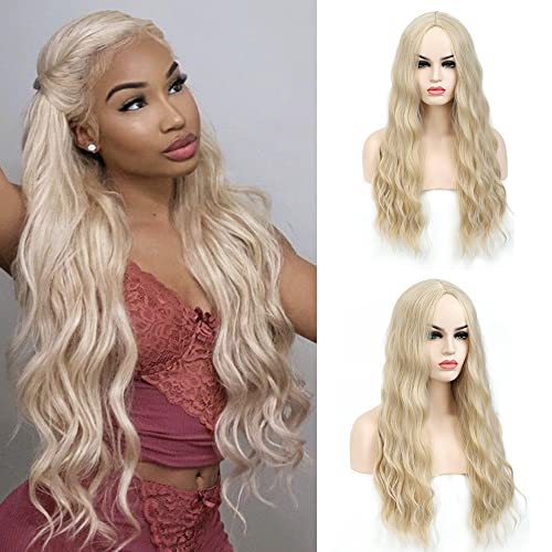 SHINYSHOW 26 inches Blond 613 long Wavy Wig Middle Part Synthetic Halloween Party Cosplay Wig for Women Blonde Wig