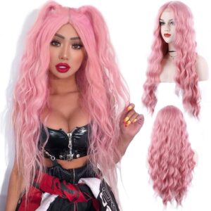 pink wig 28 inches long pink wavy wigs for women synthetic hair replacement wigs light pink wig halloween cosplay daily party heat-resistant fiber wig (pink (673ht))