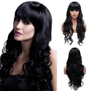 bestung long curly wavy wigs for women ladies synthetic full hair natural black brunette wig with straight bangs for daily wear (straight bangs, black)