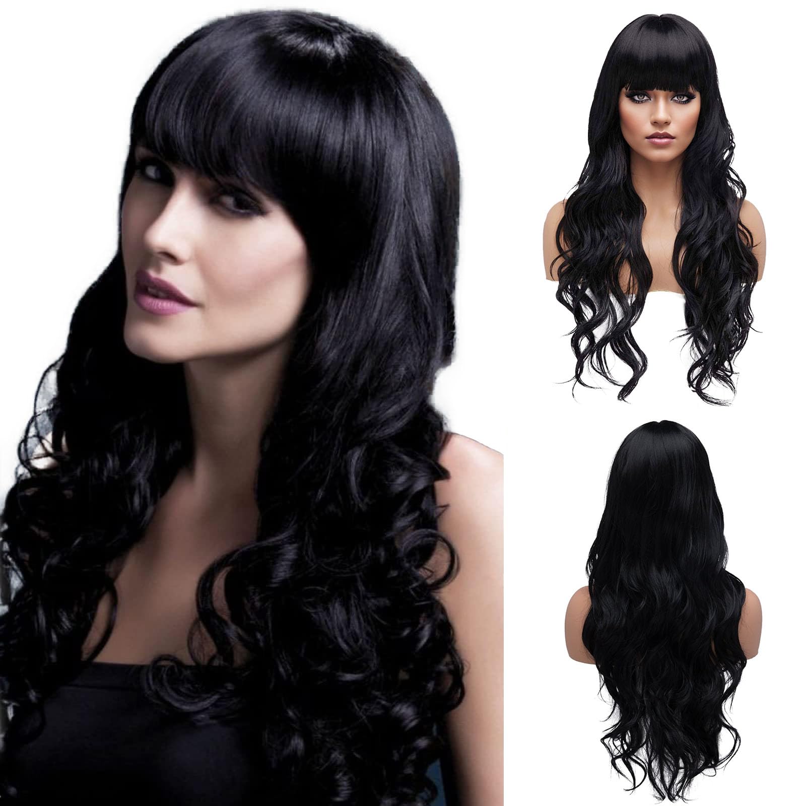 BESTUNG Long Curly Wavy Wigs for Women Ladies Synthetic Full Hair Natural Black Brunette Wig with Straight Bangs for Daily Wear (Straight Bangs, Black)