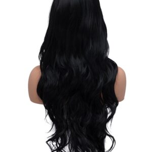 BESTUNG Long Curly Wavy Wigs for Women Ladies Synthetic Full Hair Natural Black Brunette Wig with Straight Bangs for Daily Wear (Straight Bangs, Black)