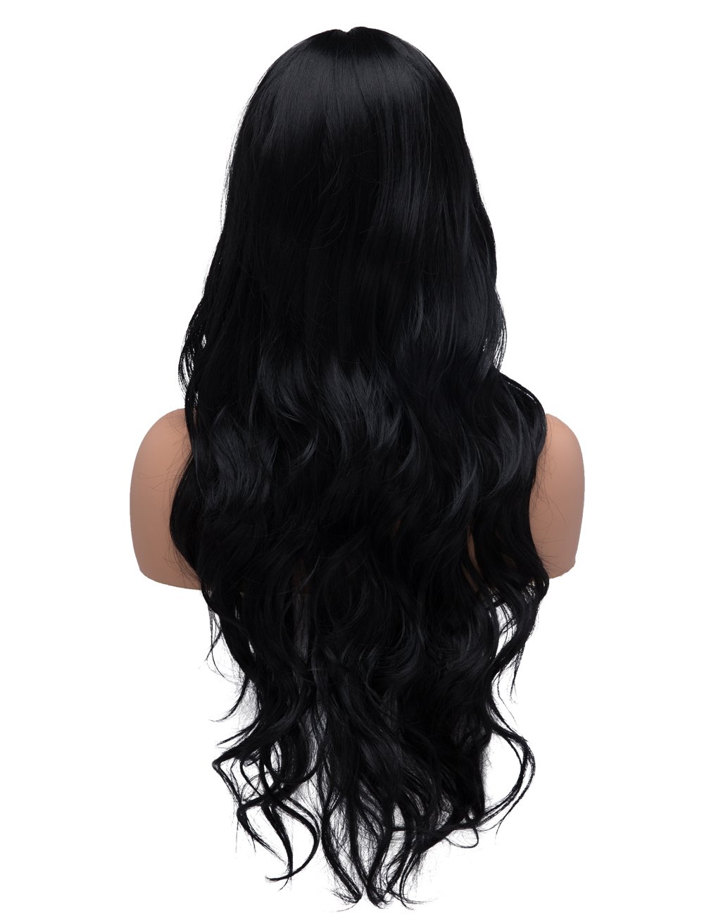 BESTUNG Long Curly Wavy Wigs for Women Ladies Synthetic Full Hair Natural Black Brunette Wig with Straight Bangs for Daily Wear (Straight Bangs, Black)