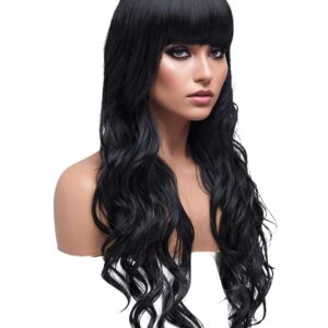 BESTUNG Long Curly Wavy Wigs for Women Ladies Synthetic Full Hair Natural Black Brunette Wig with Straight Bangs for Daily Wear (Straight Bangs, Black)