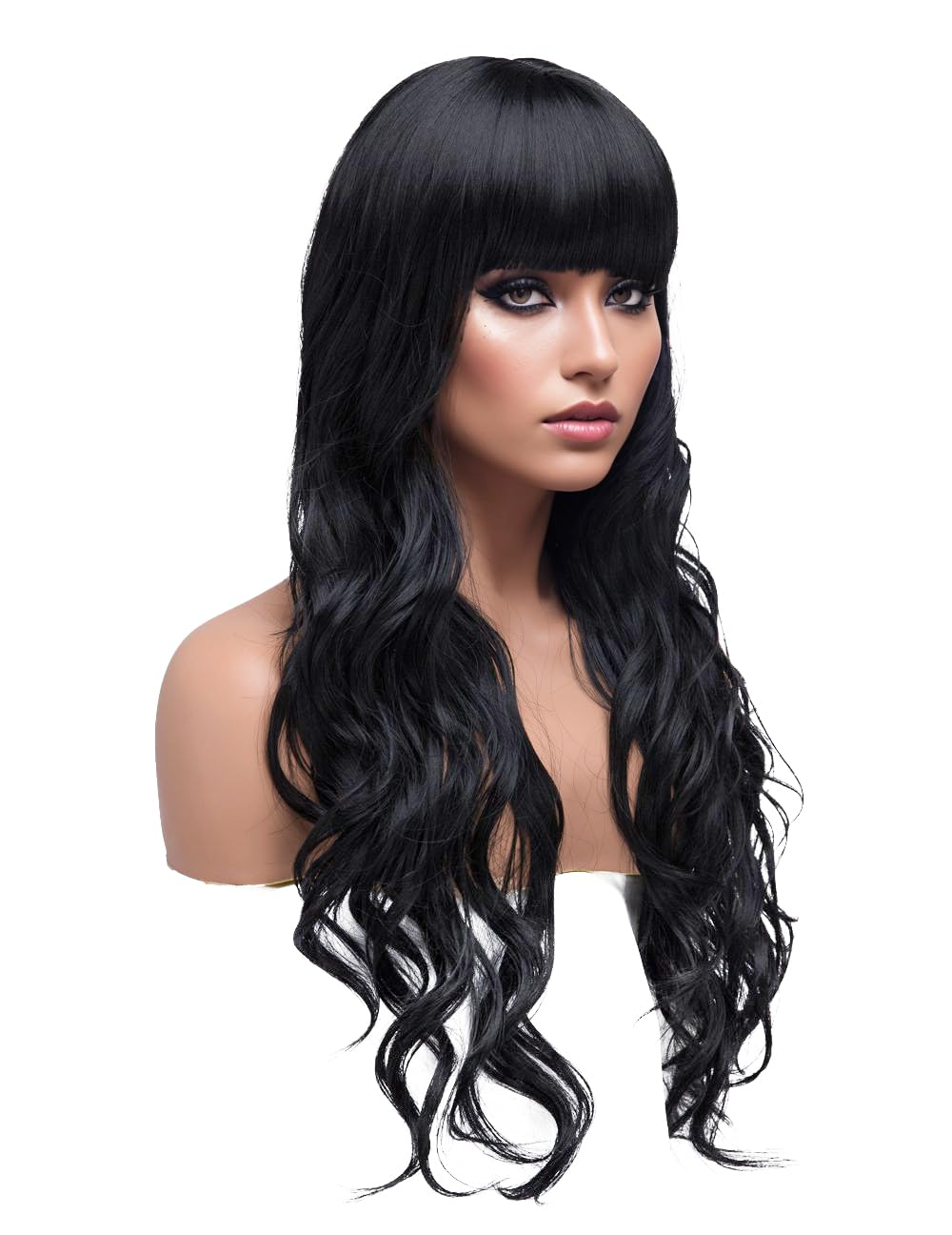 BESTUNG Long Curly Wavy Wigs for Women Ladies Synthetic Full Hair Natural Black Brunette Wig with Straight Bangs for Daily Wear (Straight Bangs, Black)