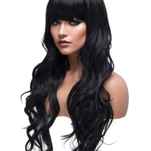 BESTUNG Long Curly Wavy Wigs for Women Ladies Synthetic Full Hair Natural Black Brunette Wig with Straight Bangs for Daily Wear (Straight Bangs, Black)