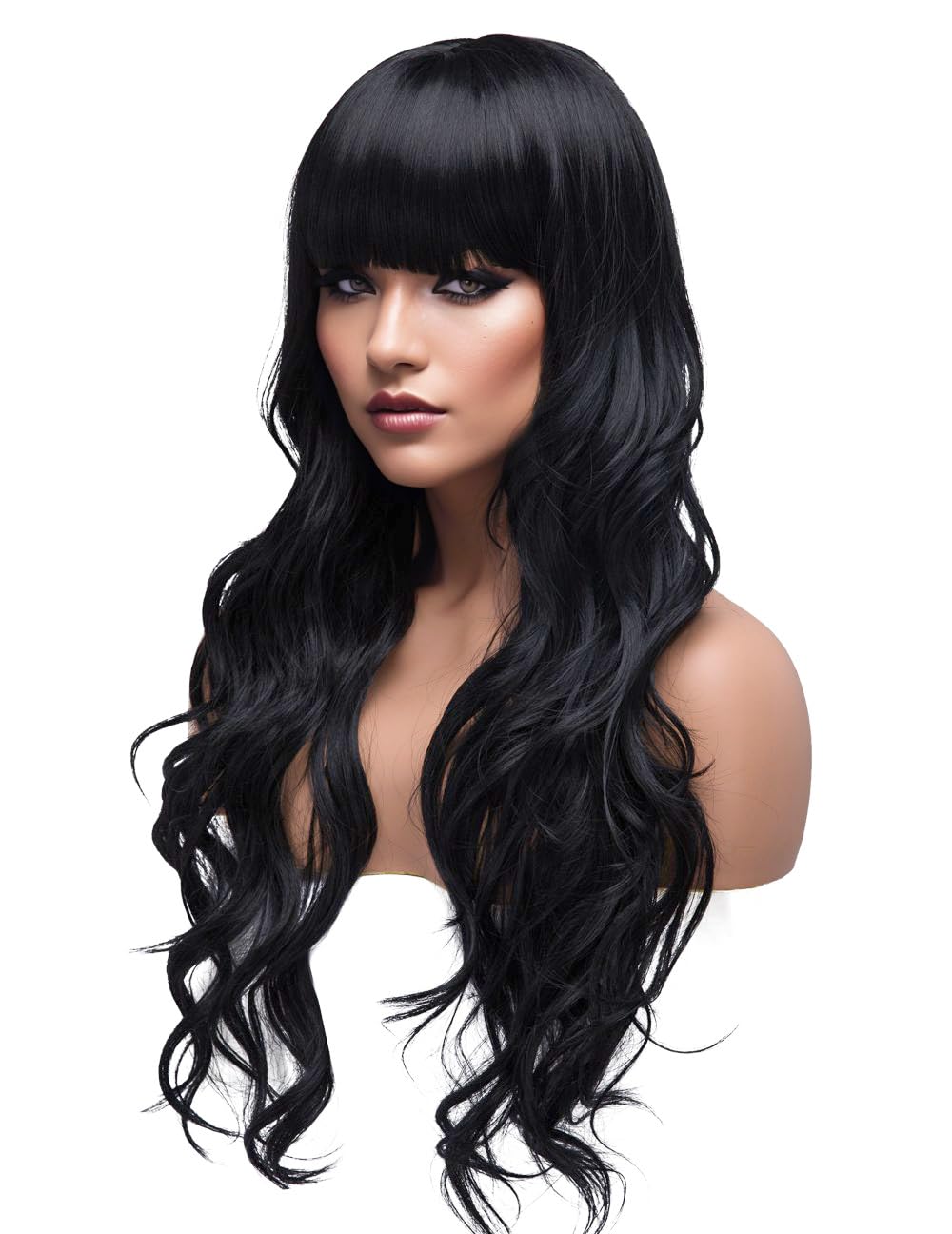 BESTUNG Long Curly Wavy Wigs for Women Ladies Synthetic Full Hair Natural Black Brunette Wig with Straight Bangs for Daily Wear (Straight Bangs, Black)