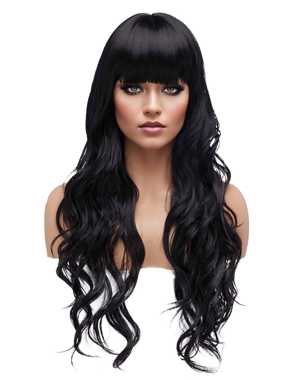 BESTUNG Long Curly Wavy Wigs for Women Ladies Synthetic Full Hair Natural Black Brunette Wig with Straight Bangs for Daily Wear (Straight Bangs, Black)