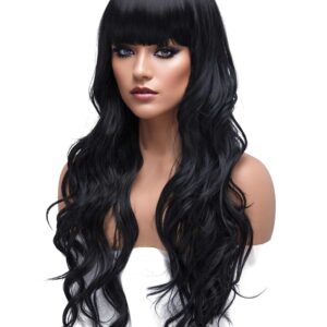 BESTUNG Long Curly Wavy Wigs for Women Ladies Synthetic Full Hair Natural Black Brunette Wig with Straight Bangs for Daily Wear (Straight Bangs, Black)