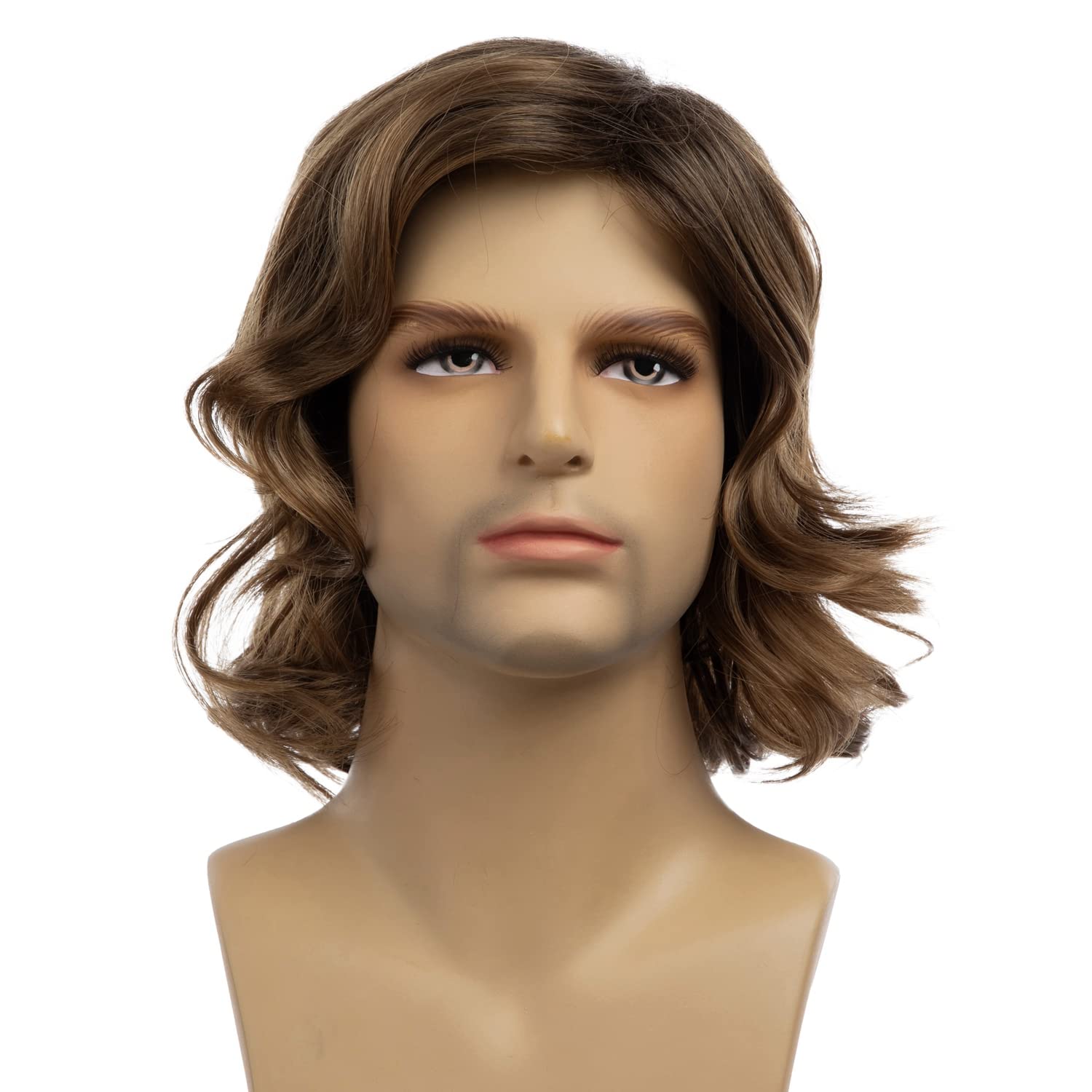 Beweig Mens Brown Wig Short Curly Side Part Synthetic Hair Replacement Wig for Daily Party Costume Halloween