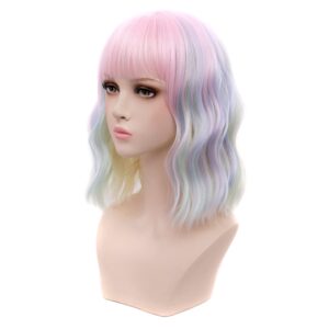 schila wig rainbow colorful short bob wavy wig with bangs for women unicorn costume cosplay wig for halloween pastel pink mixed wigs heat resistant rainbow bright colored party wig cap included（12inch）