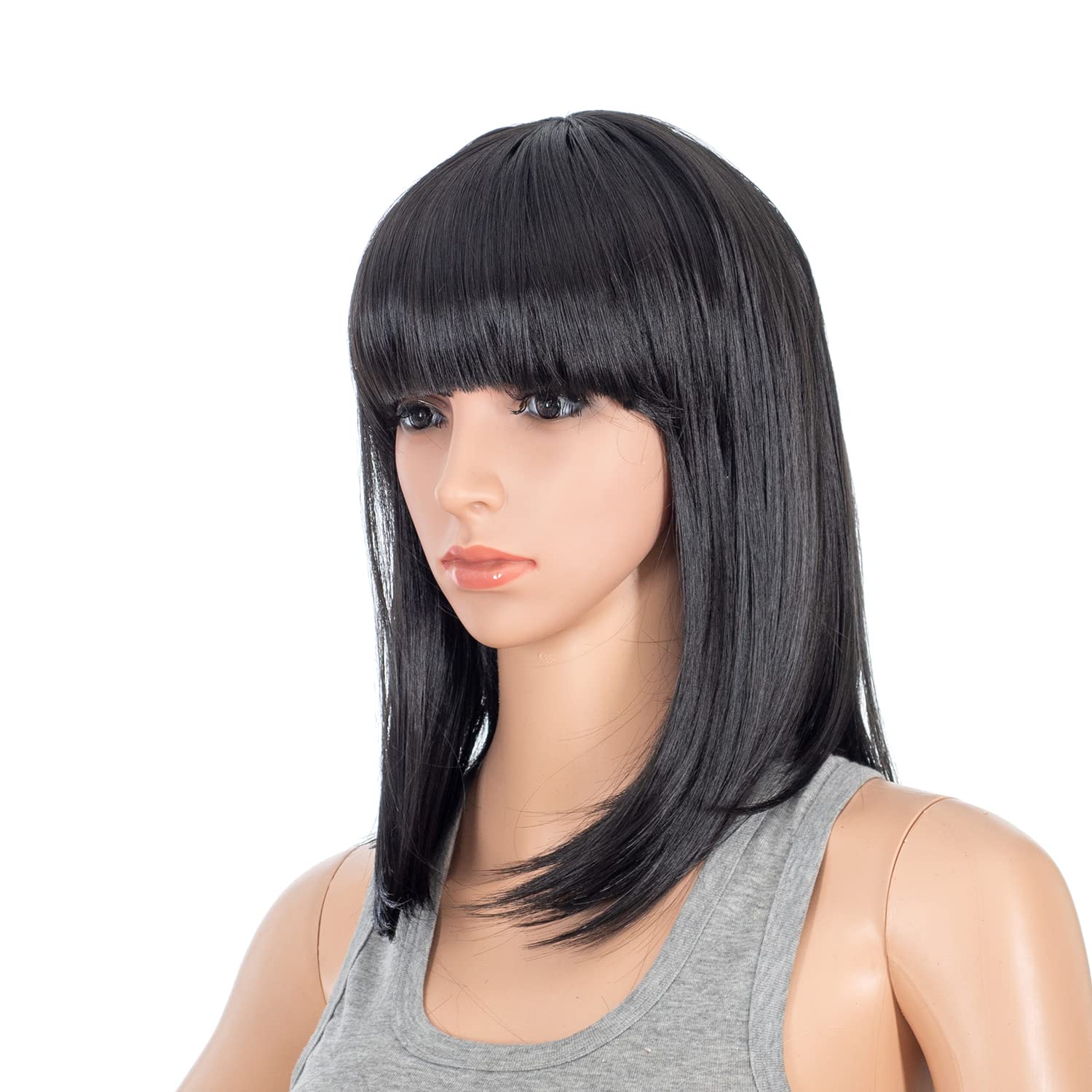 SWACC Short Straight Bob Wig with Bangs Synthetic Colorful Cosplay Daily Party Flapper Wig for Women with Wig Cap (Black-1B)