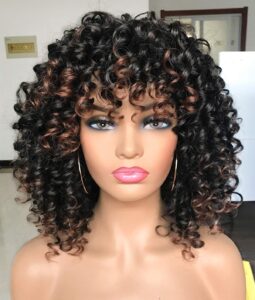 prettiest afro curly wigs black with warm brown highlights wigs with bangs for black women natural looking for daily wear (ombre brown)