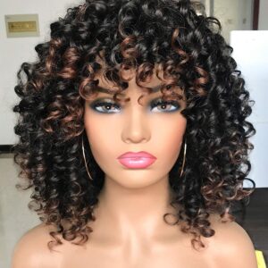 PRETTIEST Afro Curly Wigs Black with Warm Brown Highlights Wigs with Bangs for Black Women Natural Looking for Daily Wear (Ombre Brown)