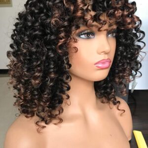 PRETTIEST Afro Curly Wigs Black with Warm Brown Highlights Wigs with Bangs for Black Women Natural Looking for Daily Wear (Ombre Brown)