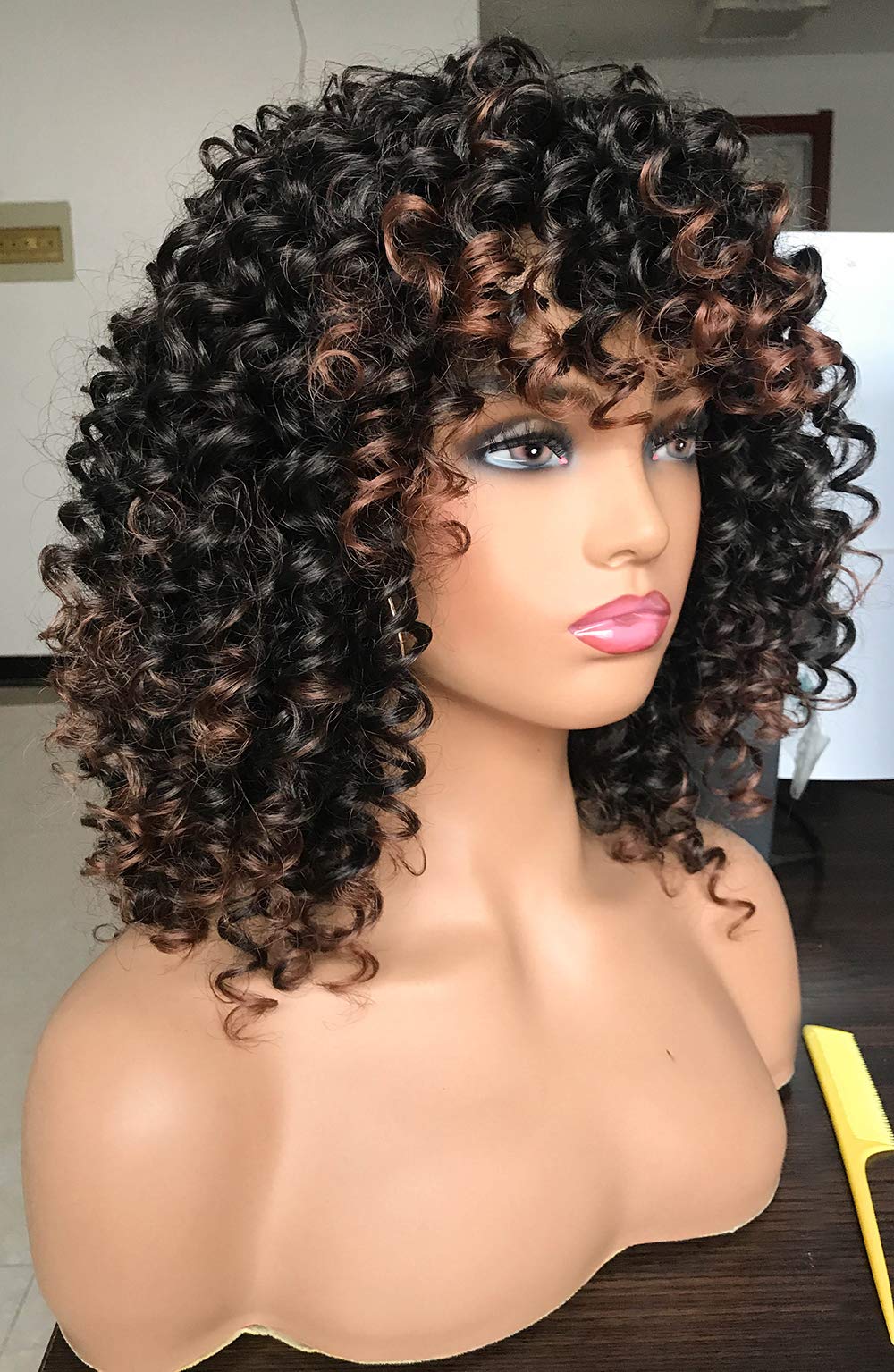 PRETTIEST Afro Curly Wigs Black with Warm Brown Highlights Wigs with Bangs for Black Women Natural Looking for Daily Wear (Ombre Brown)