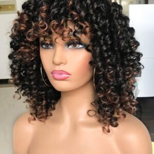 PRETTIEST Afro Curly Wigs Black with Warm Brown Highlights Wigs with Bangs for Black Women Natural Looking for Daily Wear (Ombre Brown)